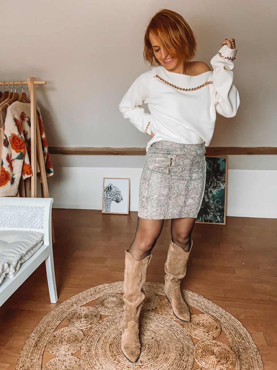 Pull Blanc Col Bateau Chaine Dorée Pas Cher|SAORI