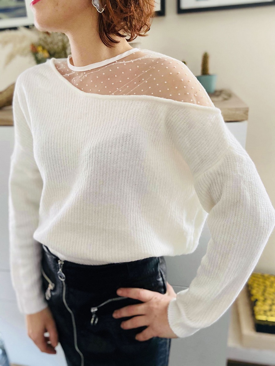 Pull Laine Blanc Plumetis |SAORI